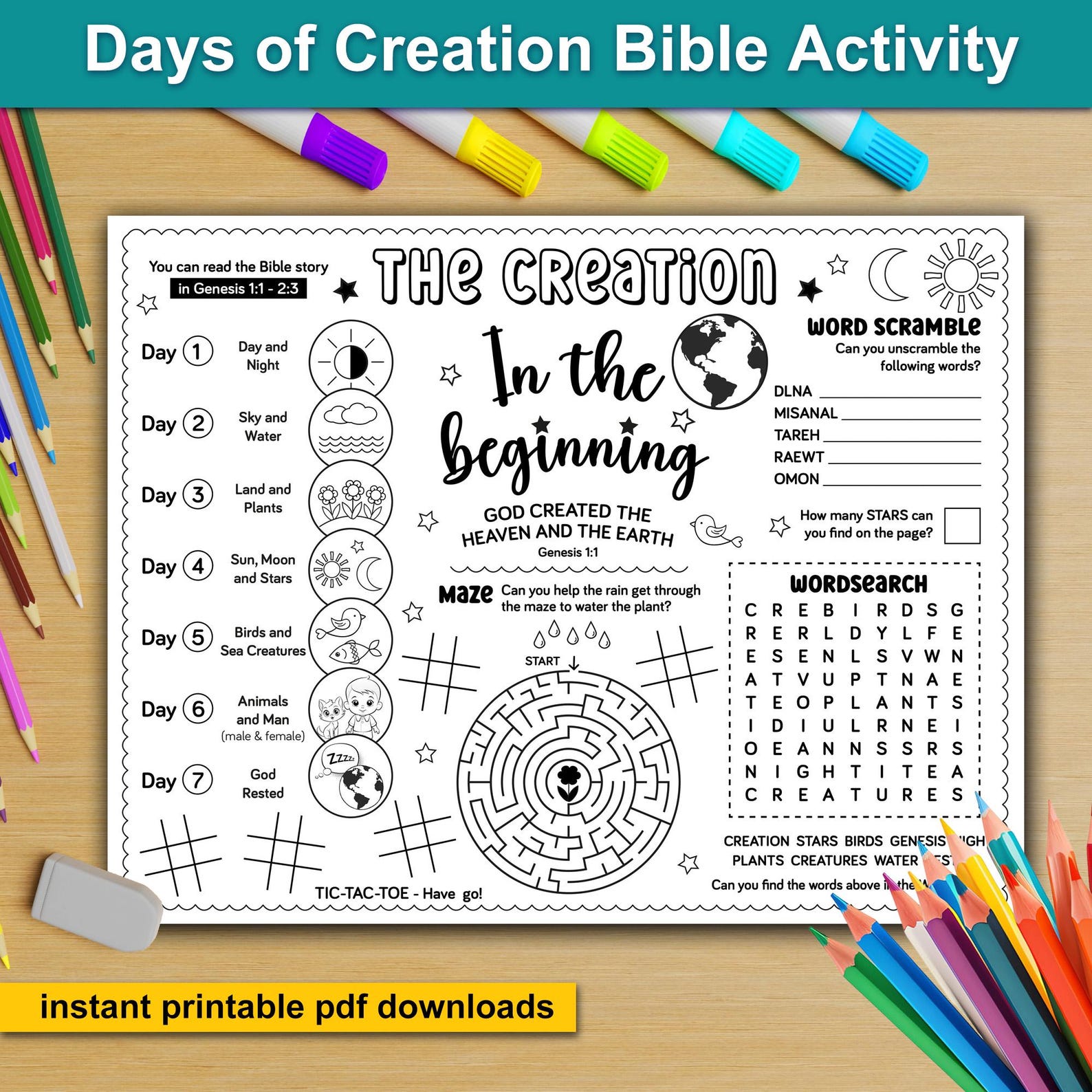 Creation Bible Story Activity Placemat for Kids. in the Beginning Bible ...