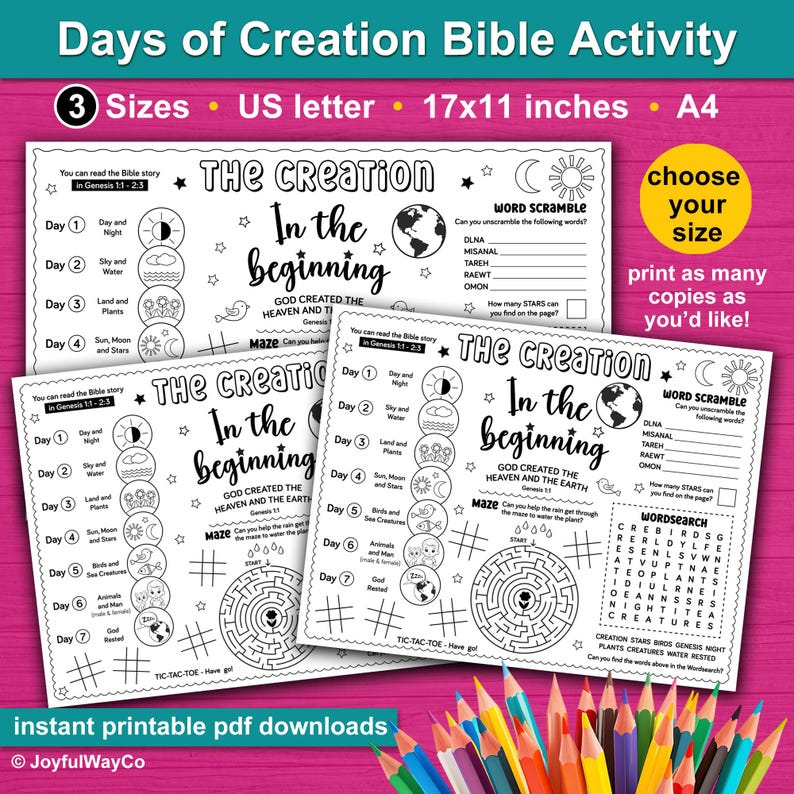 The Creation Bible Story Coloring Activity Placemat for Kids. in the ...