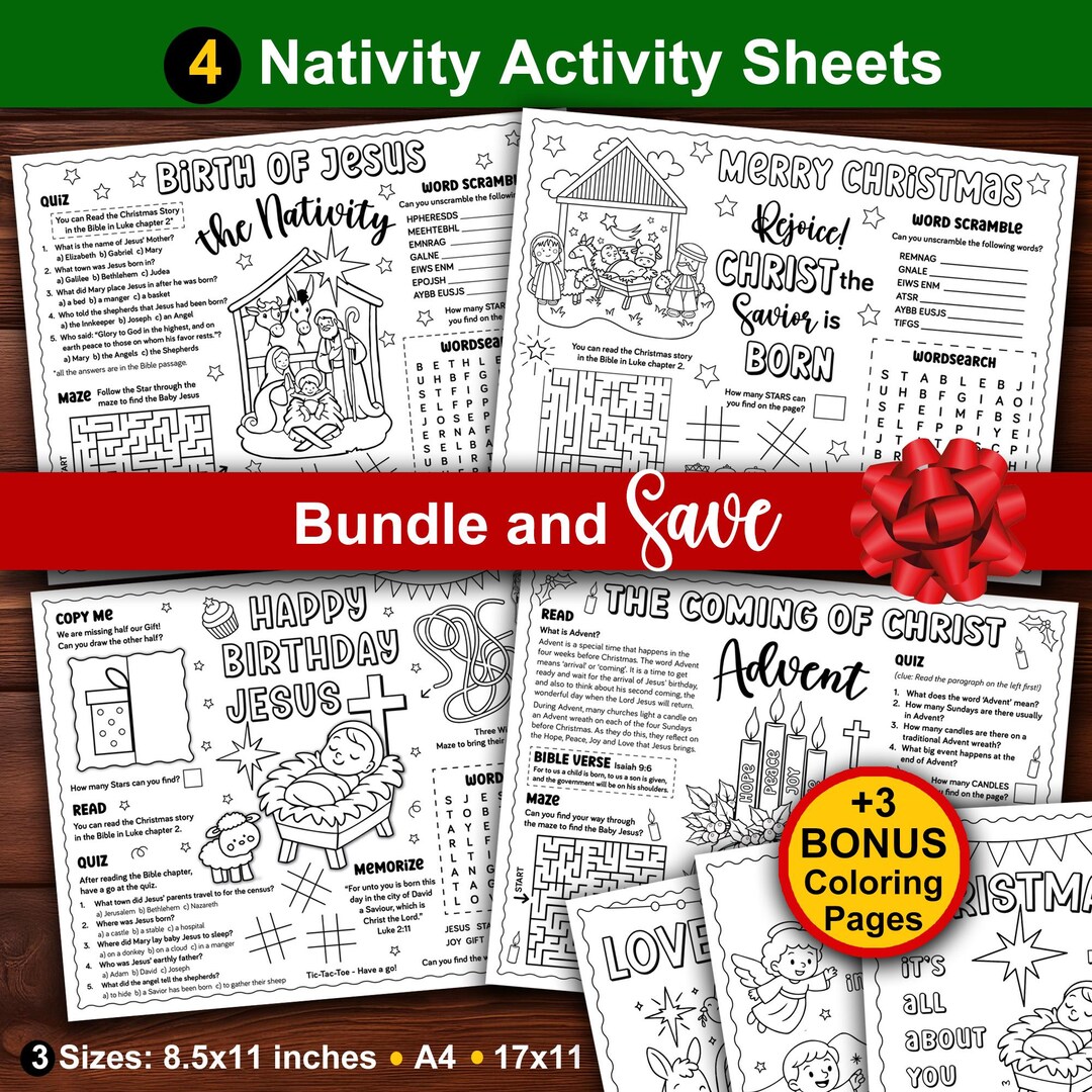 Christmas Nativity Bible Activity Sheets Bundle for Kids. Sunday School ...
