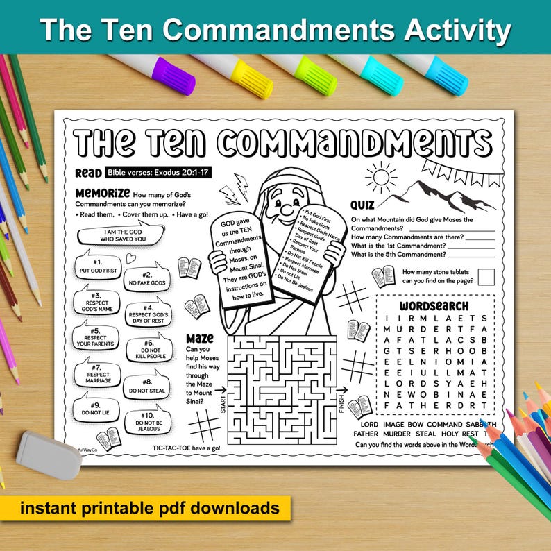 The Ten Commandments Bible Activity Placemat for Kids. Sunday School ...