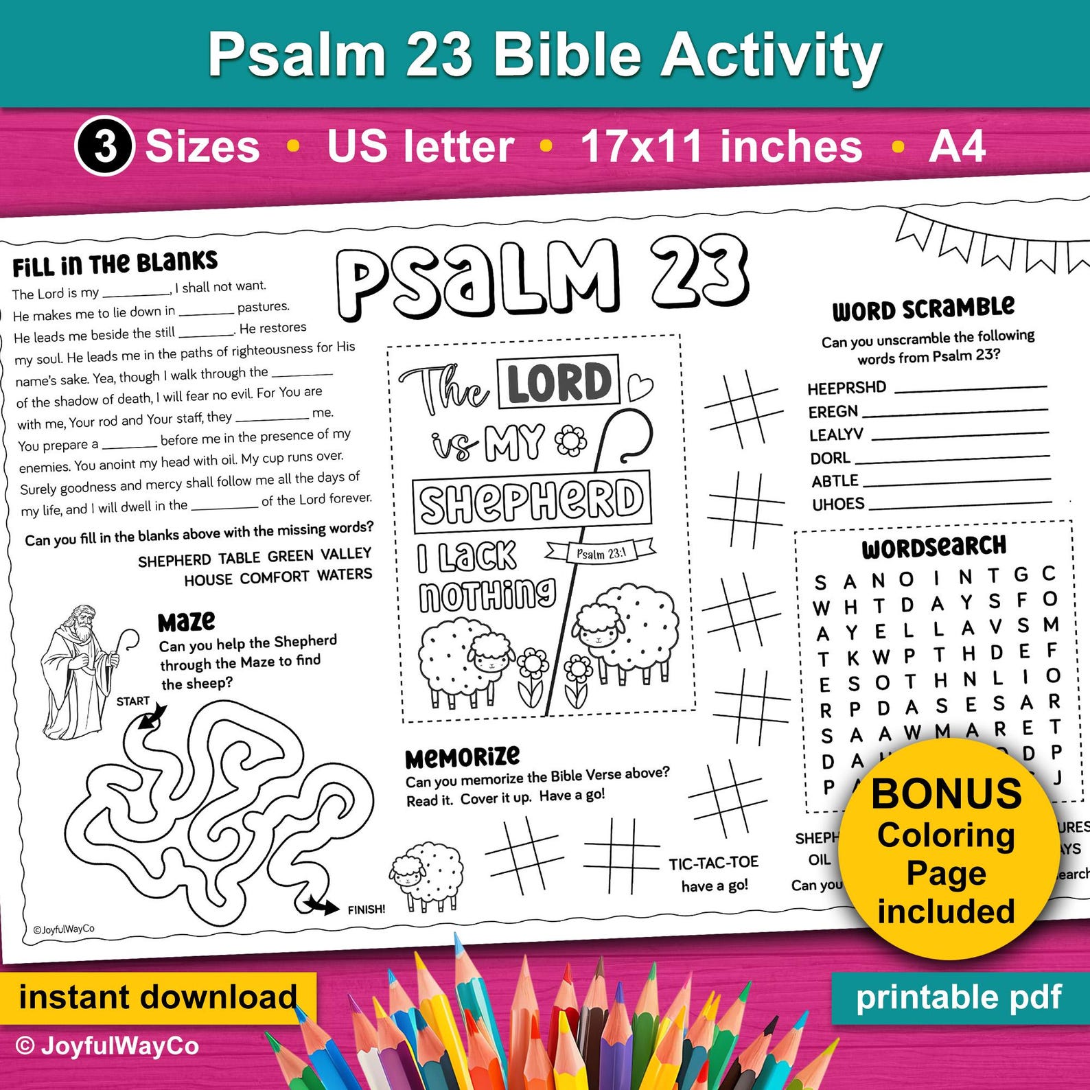 Psalm 23 Activity Placemat for Kids. the Lord is My Shepherd Activity ...