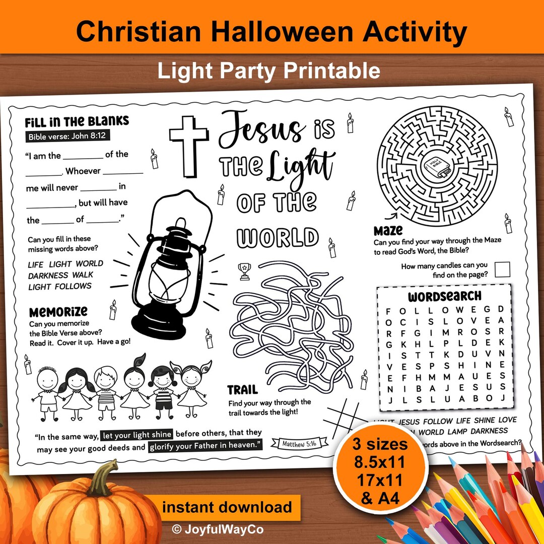 Christian Halloween Activity Placemat Printable, Jesus is the Light ...