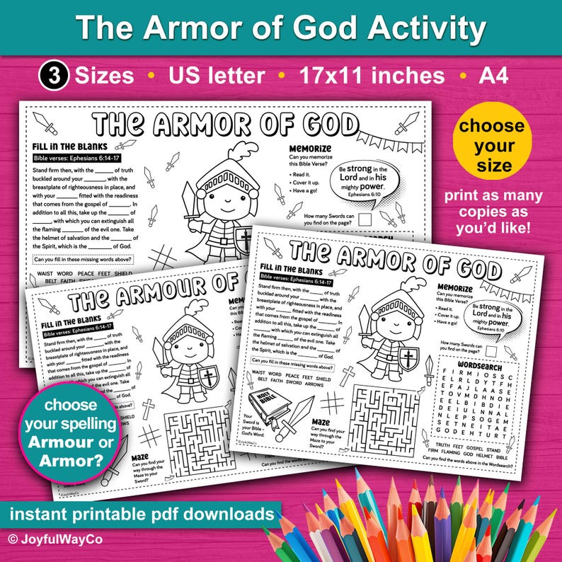The Armor of God Bible Verse Activity Printable for Kids. Sunday School ...
