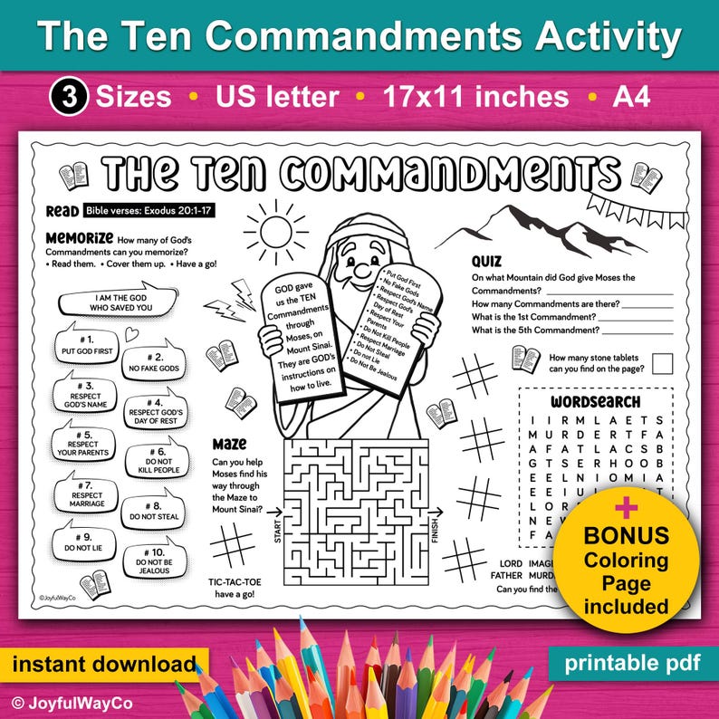 The Ten Commandments Bible Activity Placemat for Kids. Sunday School ...