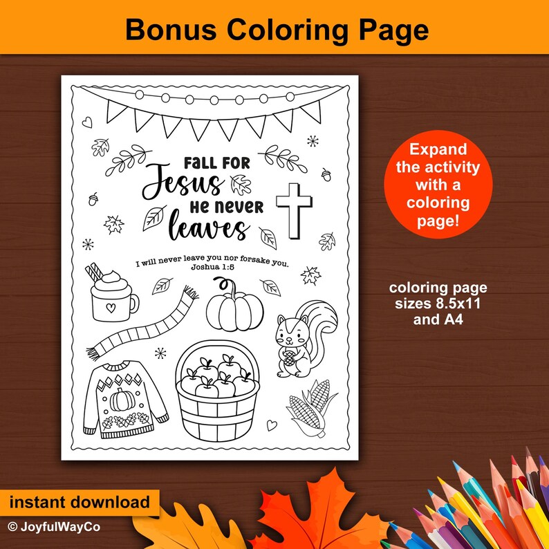 Fall for Jesus He Never Leaves. Fall Bible Activity Page for Kids ...