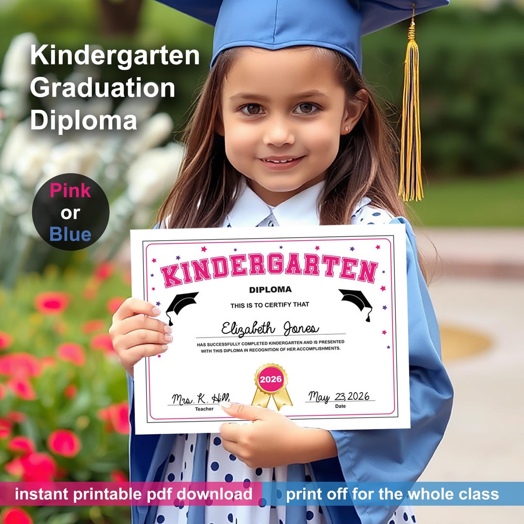 Kindergarten Graduation Diploma Printable: Pink or Blue Certificate ...