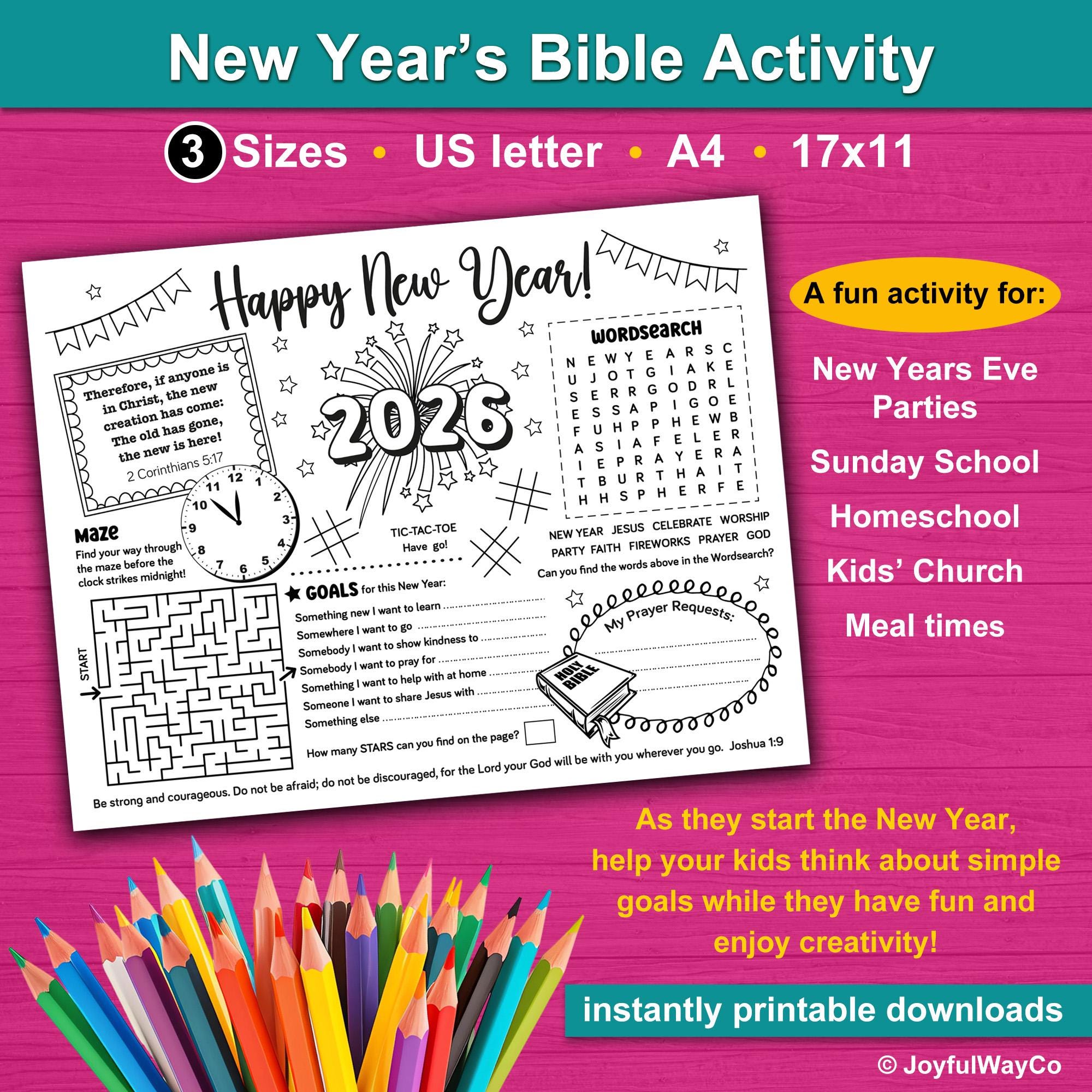 2026 New Year Bible Activity Placemat for Kids. Happy New Year 2026 ...