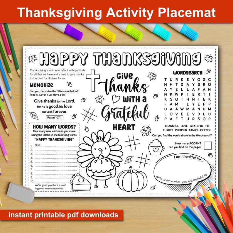 Thanksgiving Bible Activity Placemat for Kids. Christian Sunday School ...