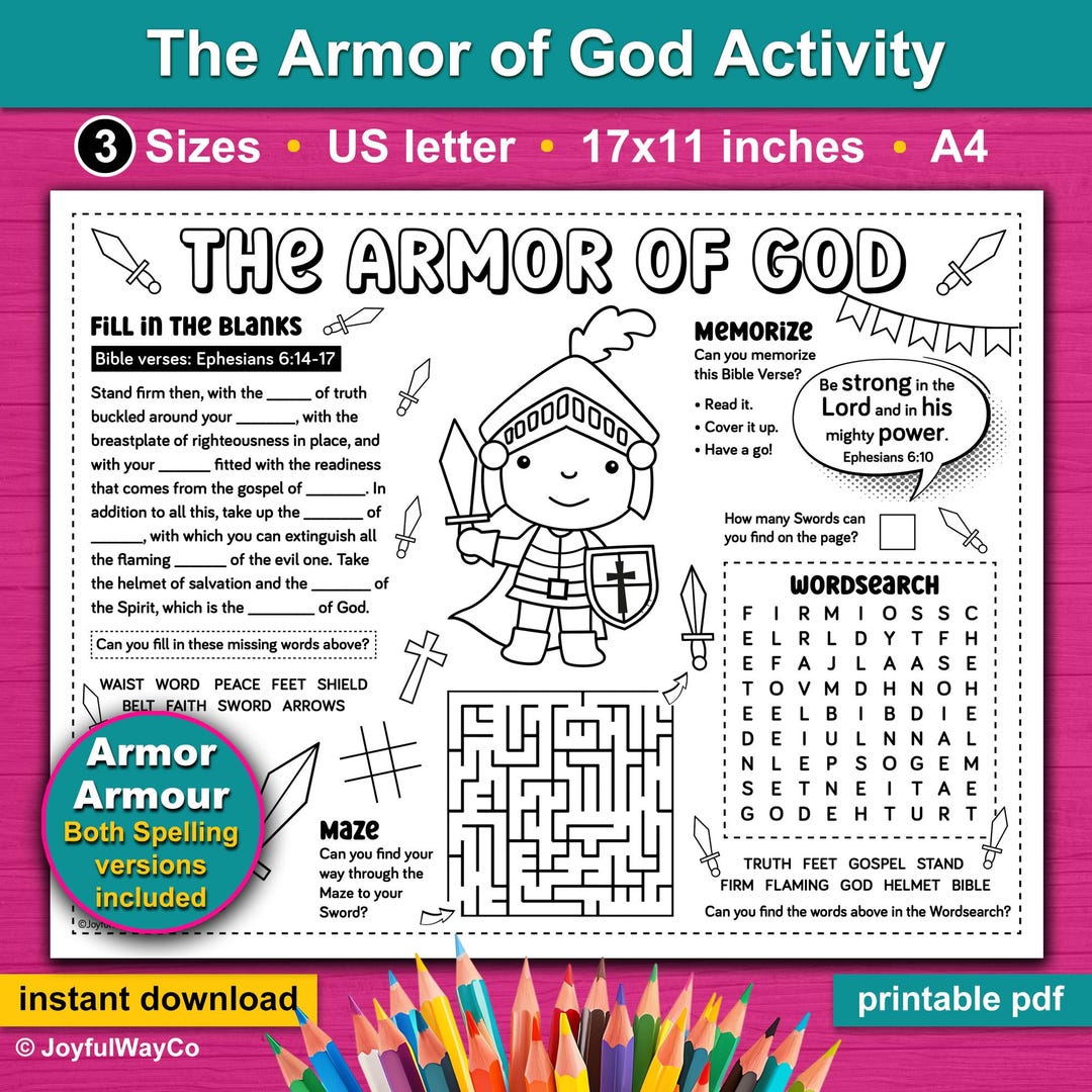 The Armor of God Bible Verse Activity Printable for Kids. Sunday School ...