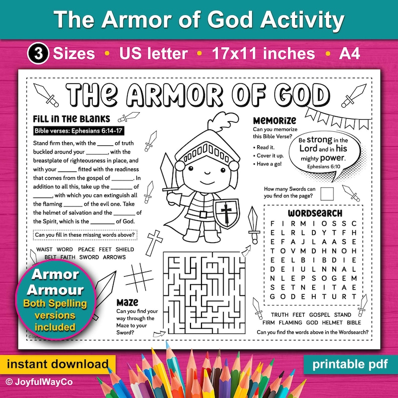 The Armor of God Bible Verse Activity Printable for Kids. Sunday School ...