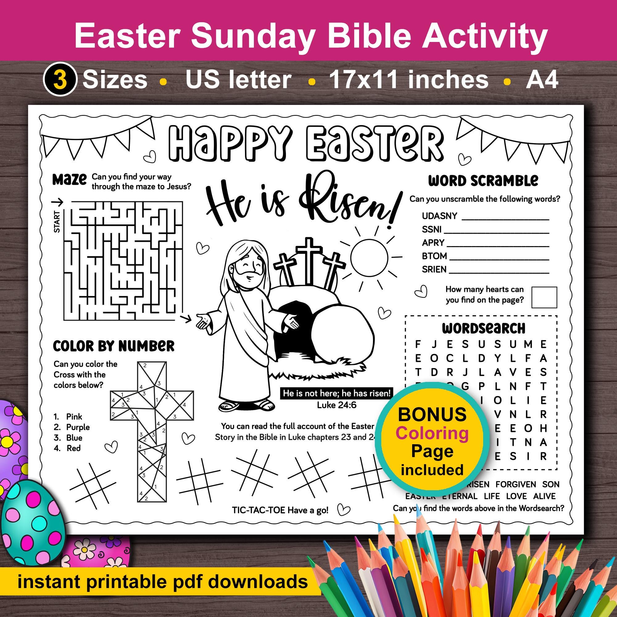 Easter Bible Activity Placemat and Coloring for Kids. Christian Easter ...