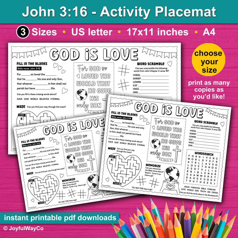 For God so Loved the World Activity Placemat for Kids. John 3:16 ...