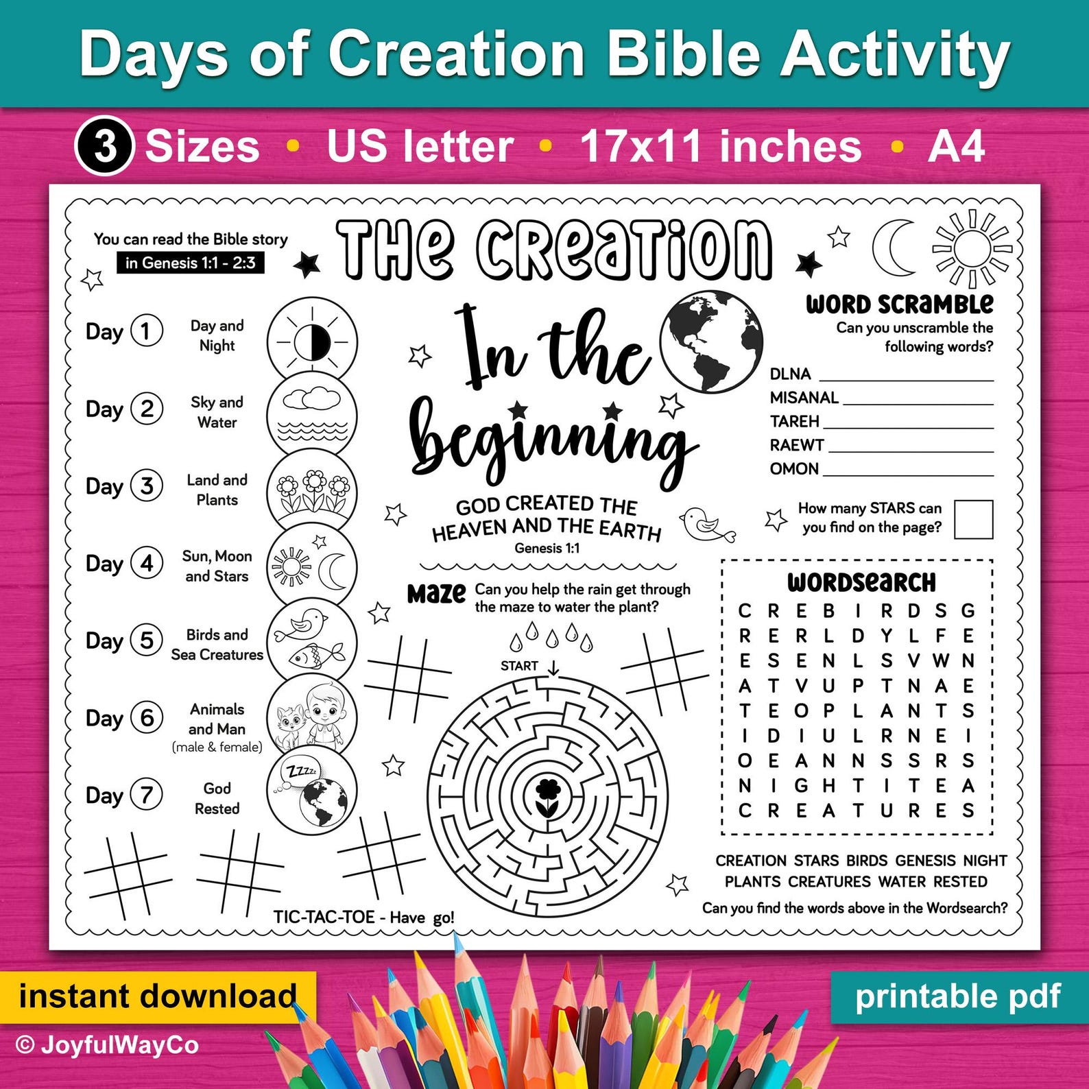 Creation Bible Story Activity Placemat for Kids. in the Beginning Bible ...