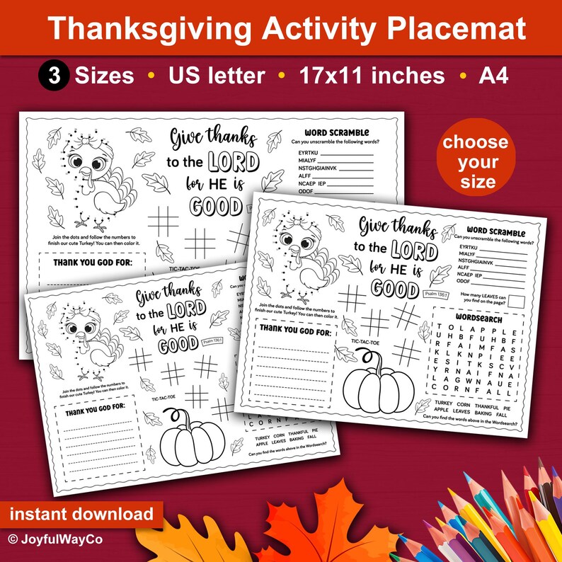 Thanksgiving Bible Activity Placemat for Kids, Thanksgiving Fall ...
