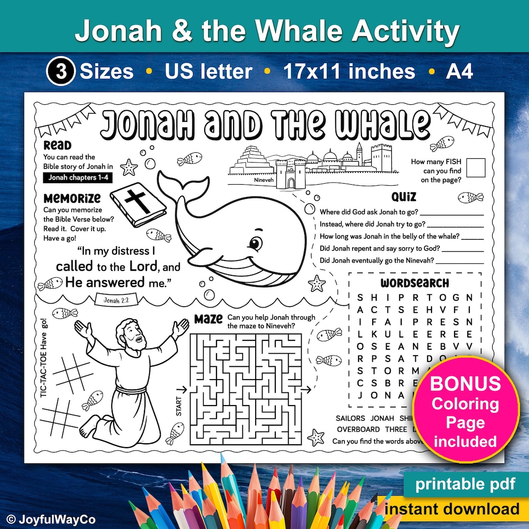 Jonah and the Whale Bible Activity Placemat for Kids. Jonah Bible ...