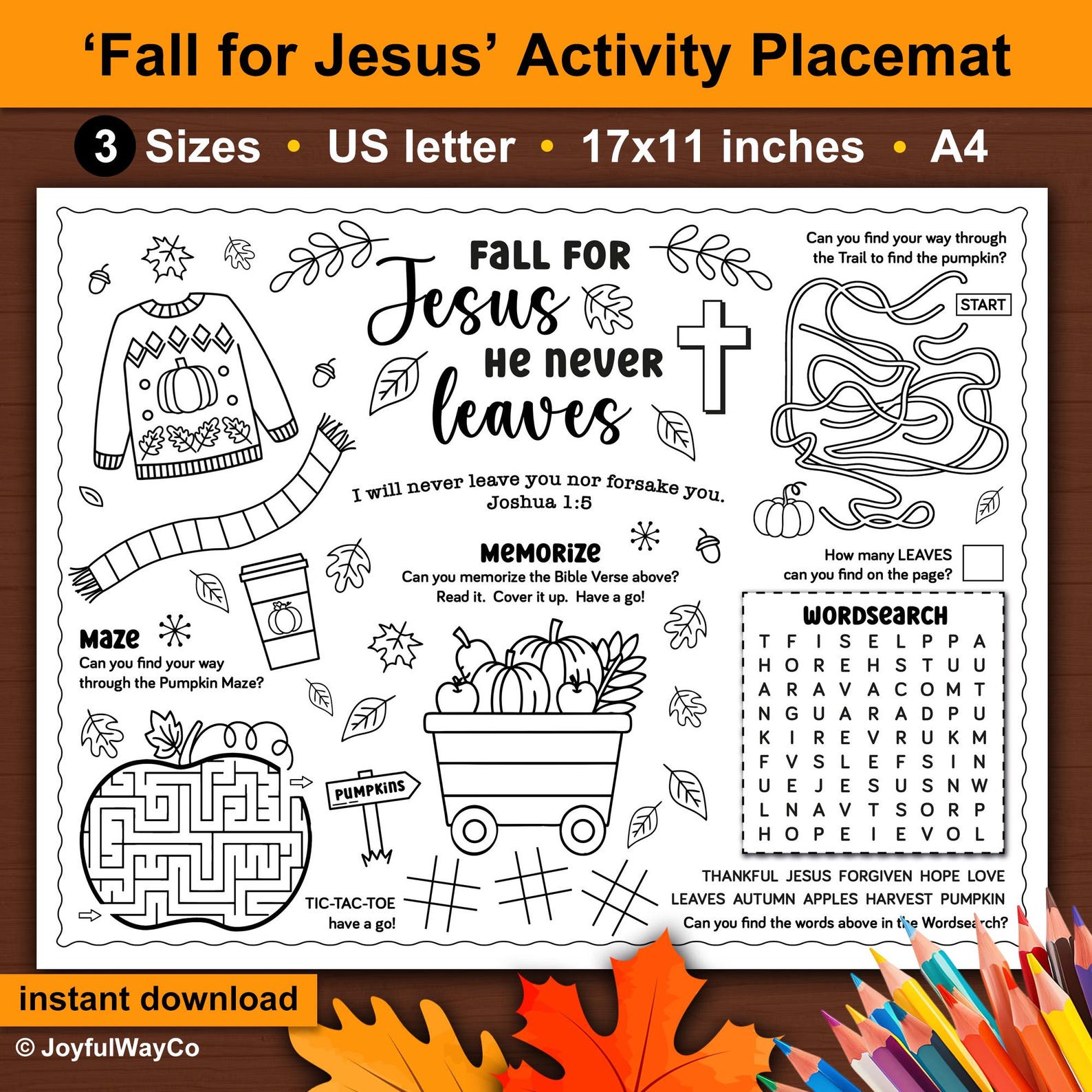 Fall for Jesus He Never Leaves. Fall Bible Activity Page for Kids ...