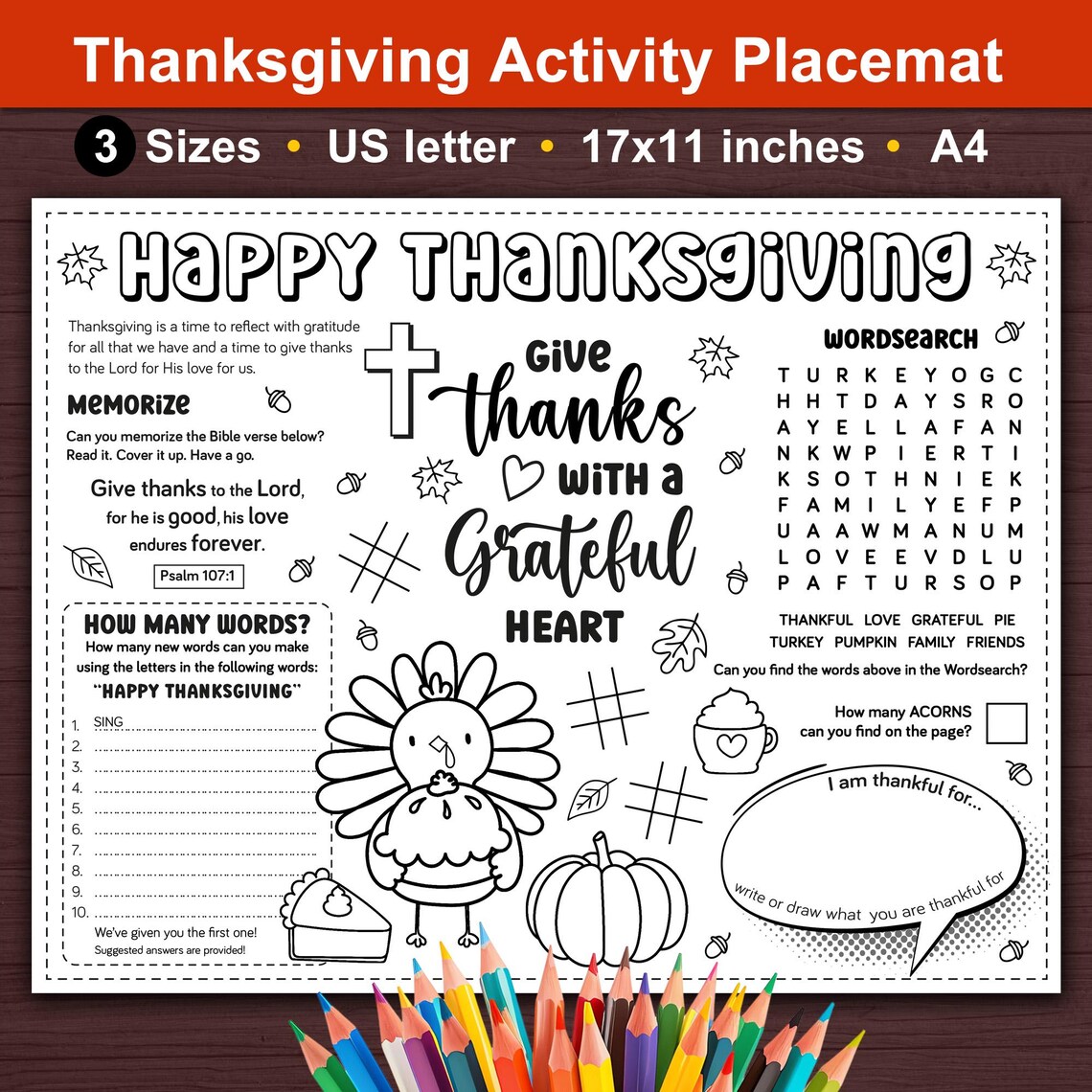 Thanksgiving Bible Activity Placemat for Kids. Christian Sunday School ...