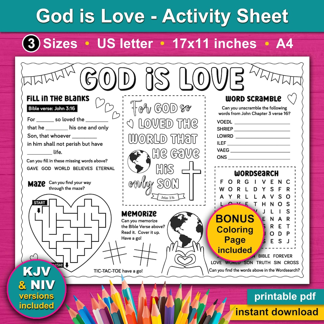 For God so Loved the World Activity Placemat for Kids. John 3:16 ...