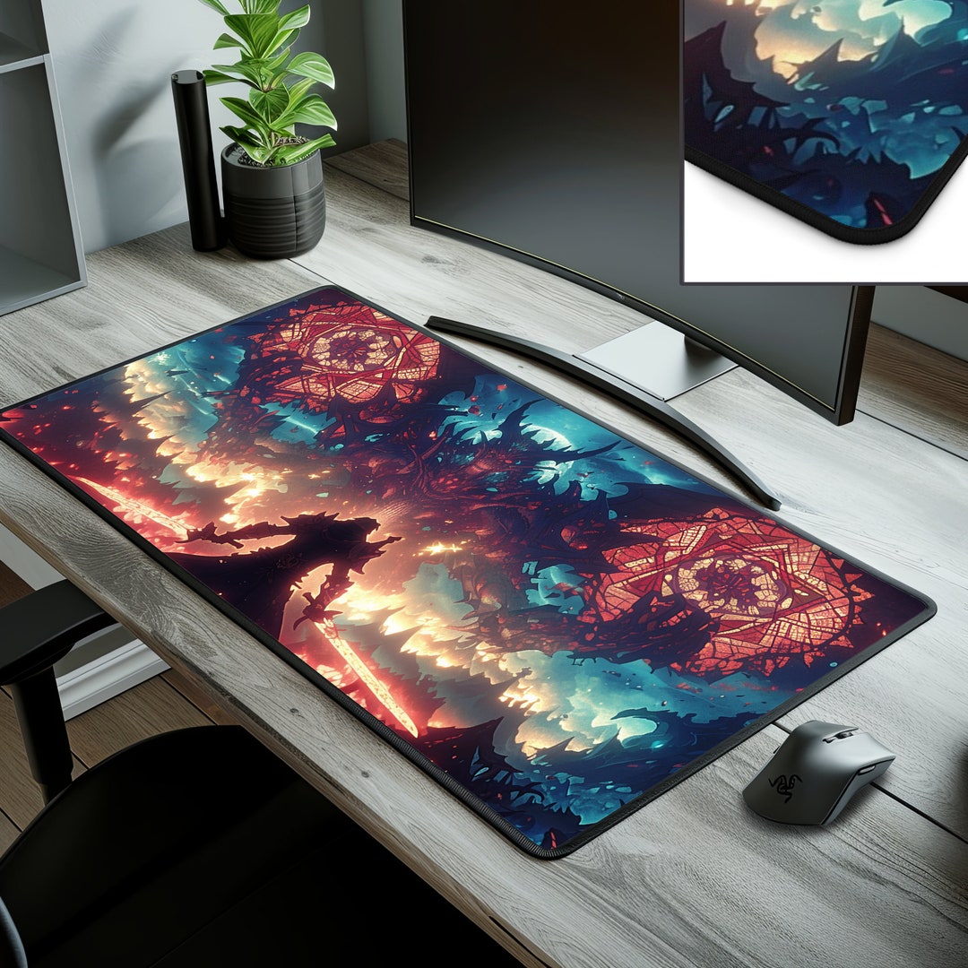 Stained Glass Style Fantasy Clash on A Table Extended Desk Mat Mouse ...