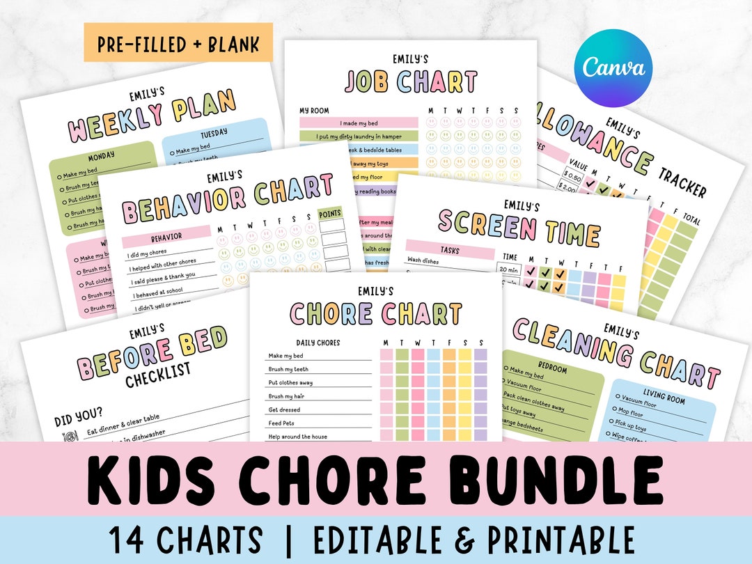 Editable Kids Chore Chart, Canva Template, Allowance, Screen Time ...