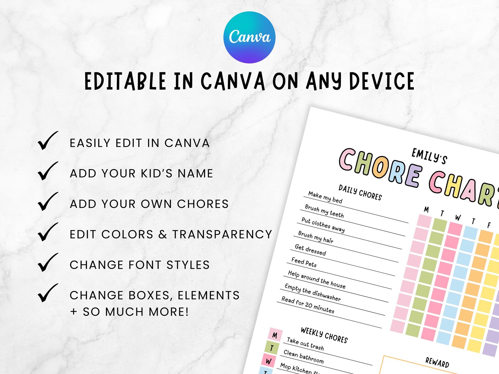 Editable Kids Chore Chart, Canva Template, Allowance, Screen Time ...