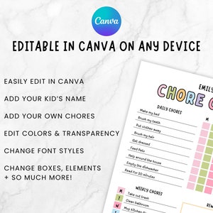 Editable Kids Chore Chart, Canva Template, Allowance, Screen Time ...