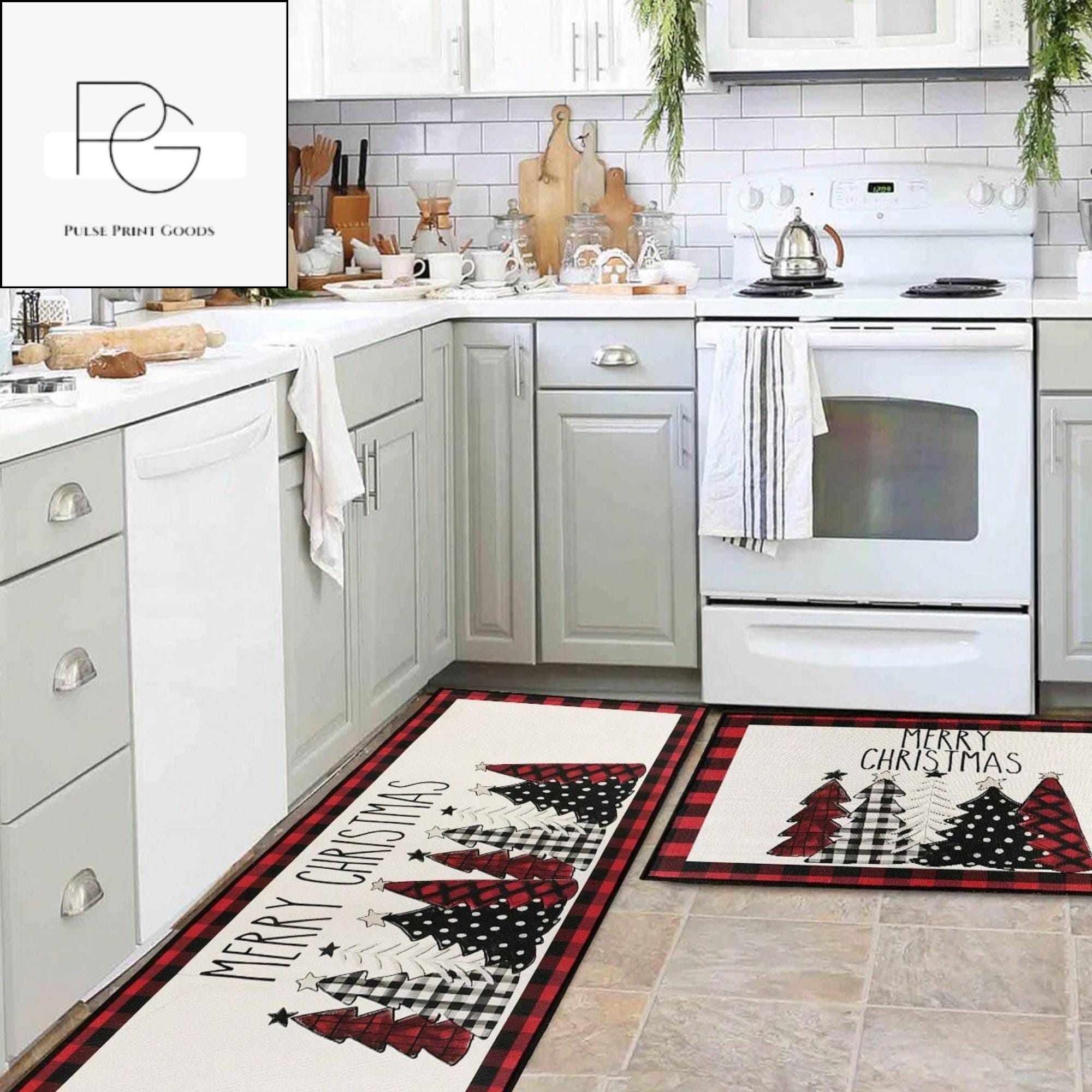 Christmas Kitchen Mat - Merry Christmas Elk Winter Snowflake Red ...