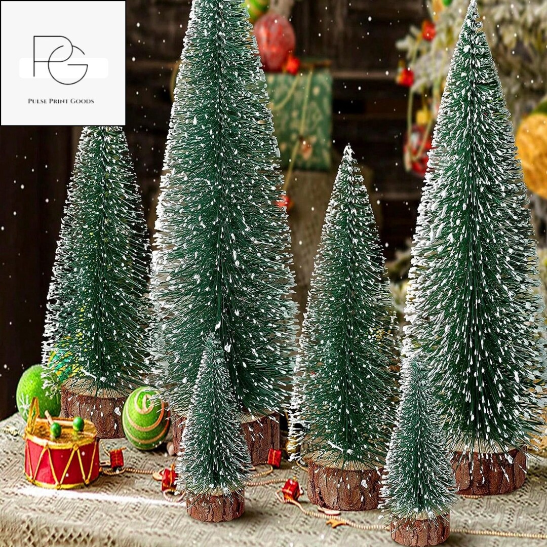 6pcs Mini Artificial Christmas Trees With Wooden Base, Snowy Christmas ...