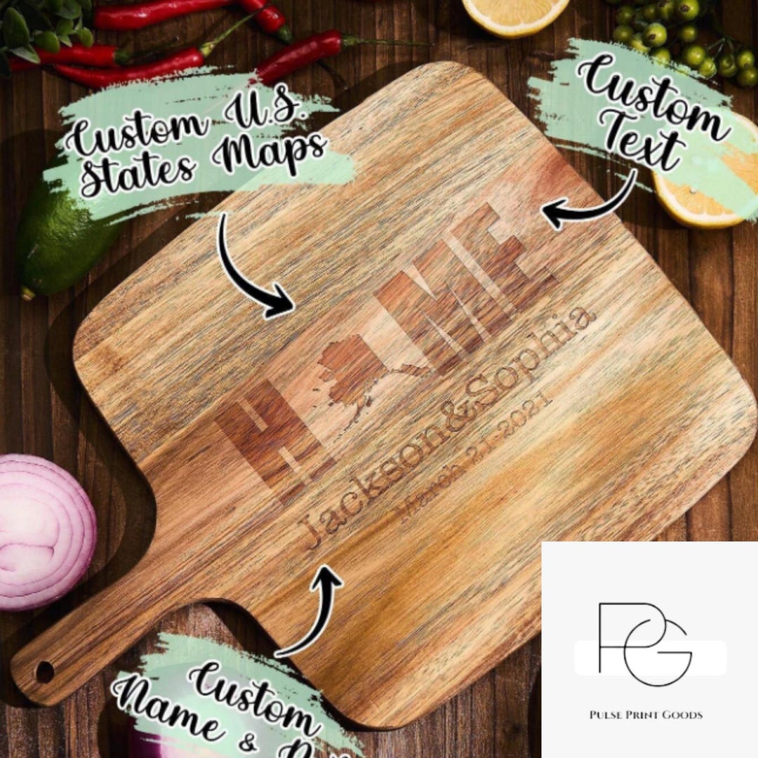 Personalized USA State Map Cutting Board With Handle - Custom Acacia ...