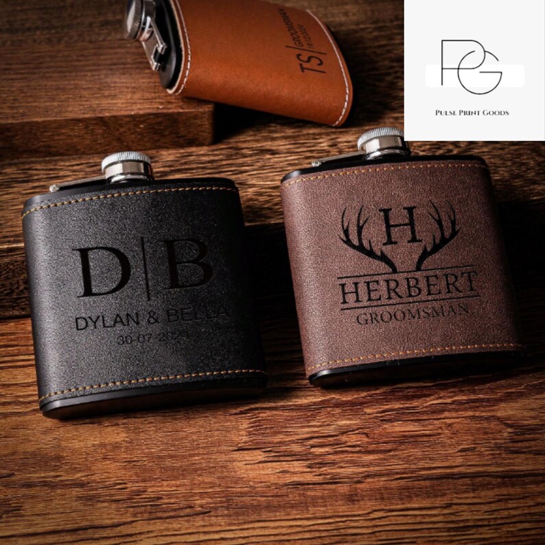 Personalized Leather Flask, Engraved Groomsman Gift, Custom Monogram ...