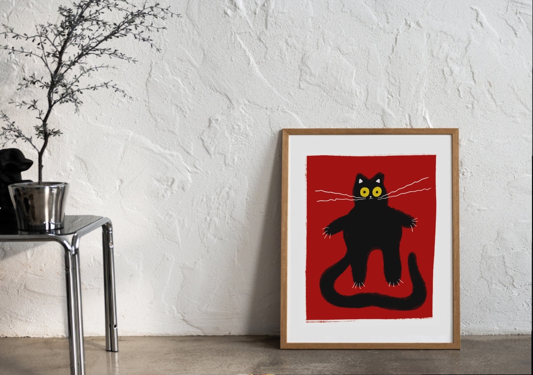 Black Cat Red Background Print - Etsy