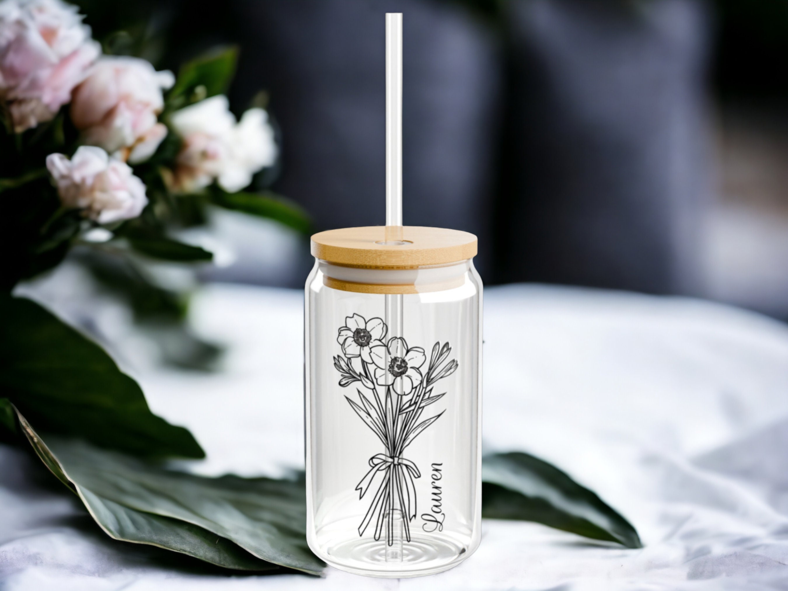 Personalized Birth Flower Iced Coffee Cup With Name, Glass Ice Coffee ...