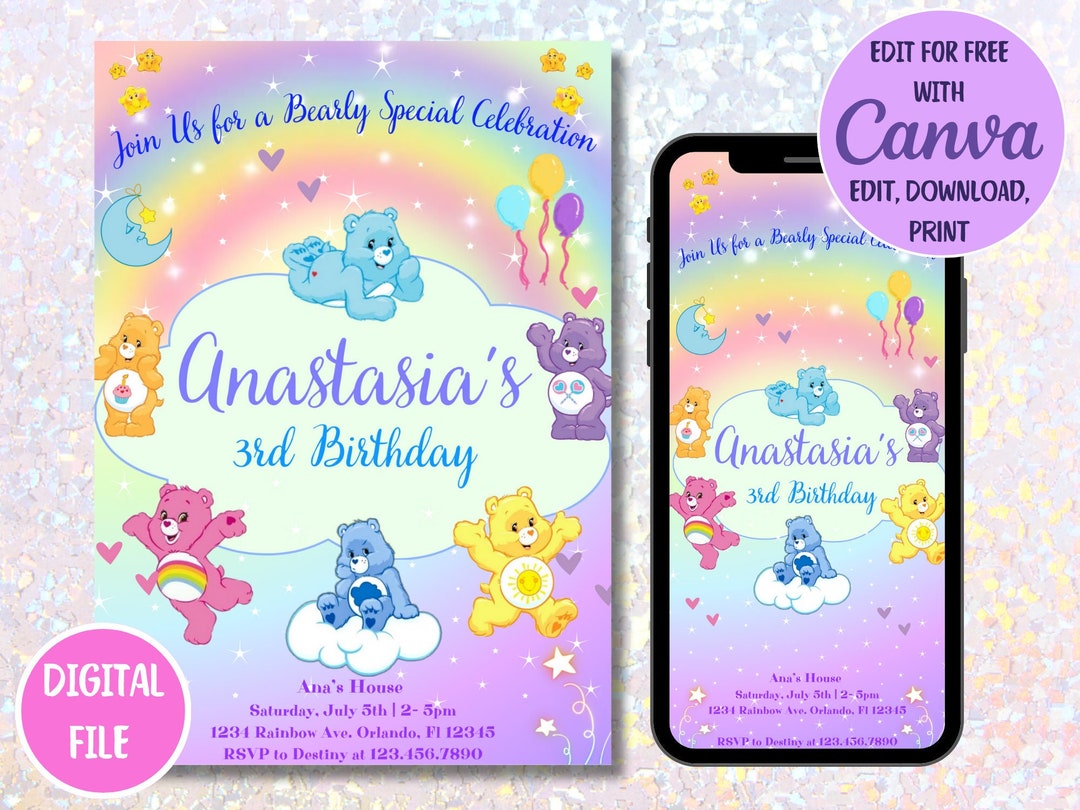 Editable Care Bears Birthday Card, Pastel, Rainbow, Adorable Invitation ...