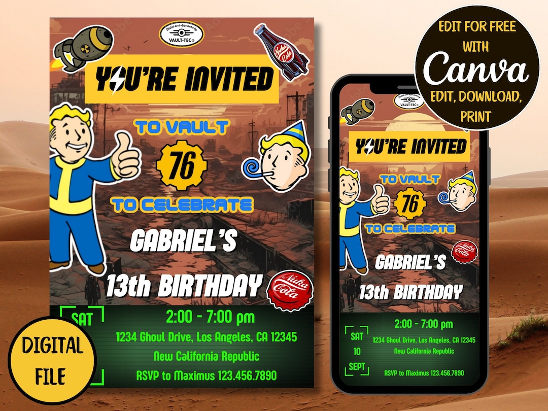 Editable Fallout Birthday Invitation Template, Digital Invitation ...