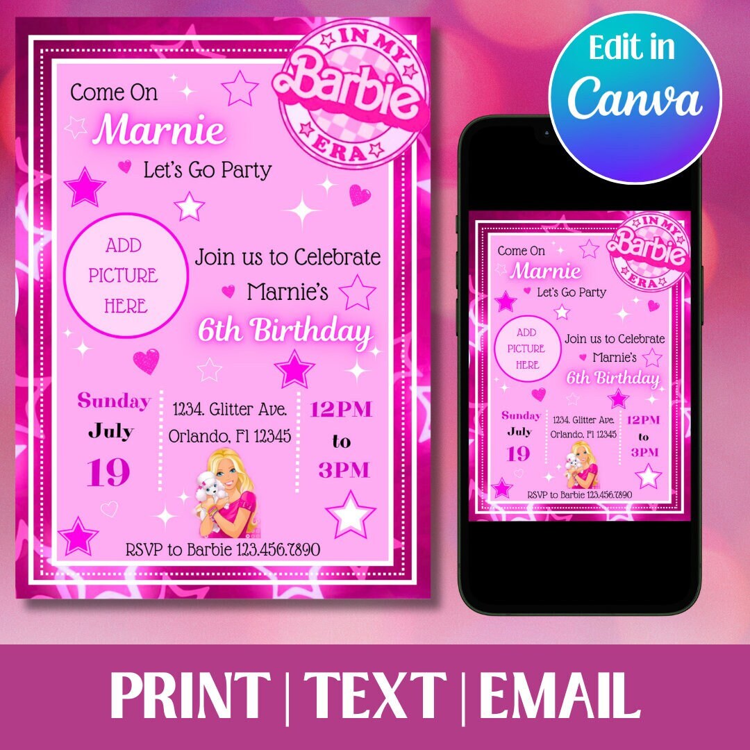 Editable Barbie Birthday Invitation Template, Pink, Sparkly, Cute Girly ...