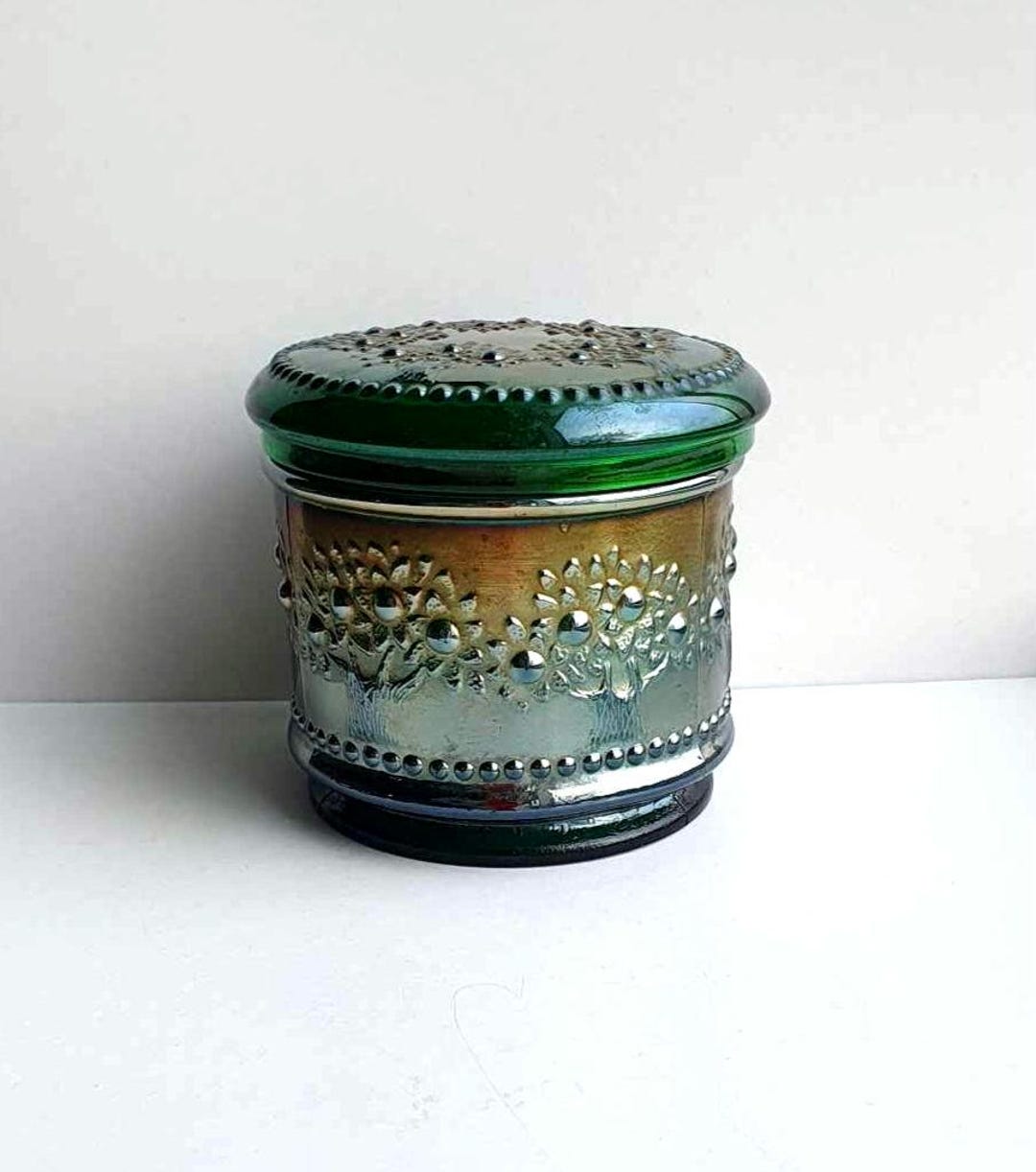 Iridescent Green Glass Powder Jar - in Orange Tree Pattern - Fenton ...