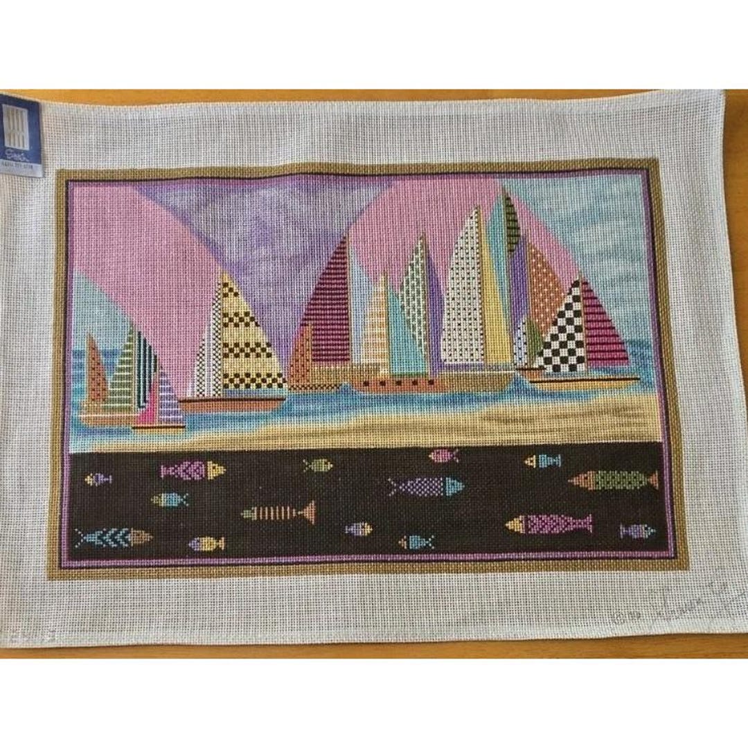 Sharon G Hand Painted & Signed Needlepoint Canvas-sailboats-18 Mesh-7 ...