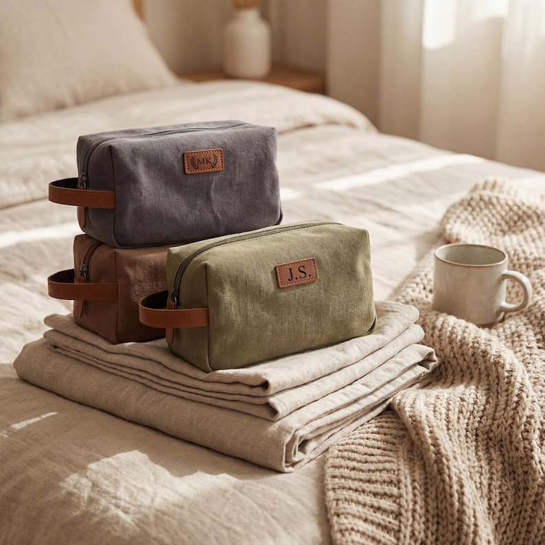 Personalized Canvas Dopp Kit Bag, Leather Trim Toiletry Bag, Groomsmen ...
