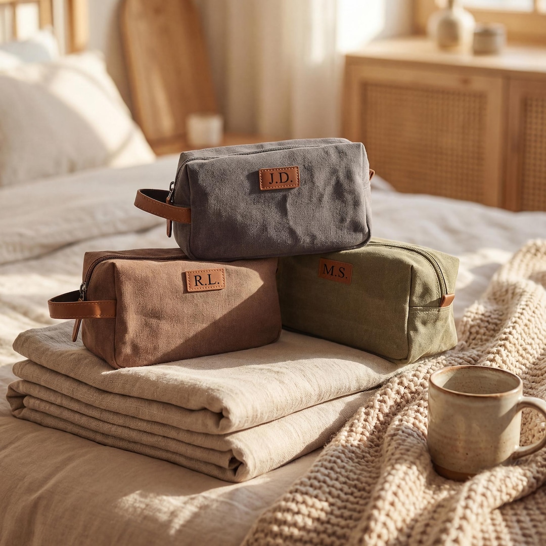 Personalized Canvas Dopp Kit Bag, Leather Trim Toiletry Bag, Groomsmen ...