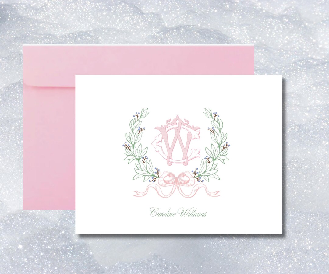 Monogrammed Stationery Set: Pink Laurel, Custom Note Cards - Etsy