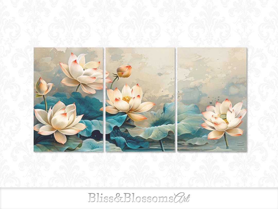 White Water Lily Lotus Digital Art Print Set - Lily Flower Wall Art for ...