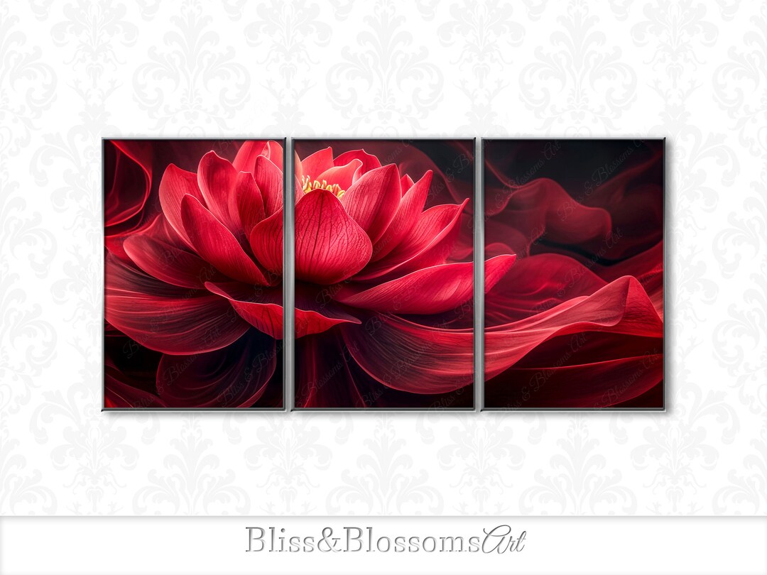 Red Lotus Flower Digital Print Set - Tranquil Nature-inspired Wall Art ...