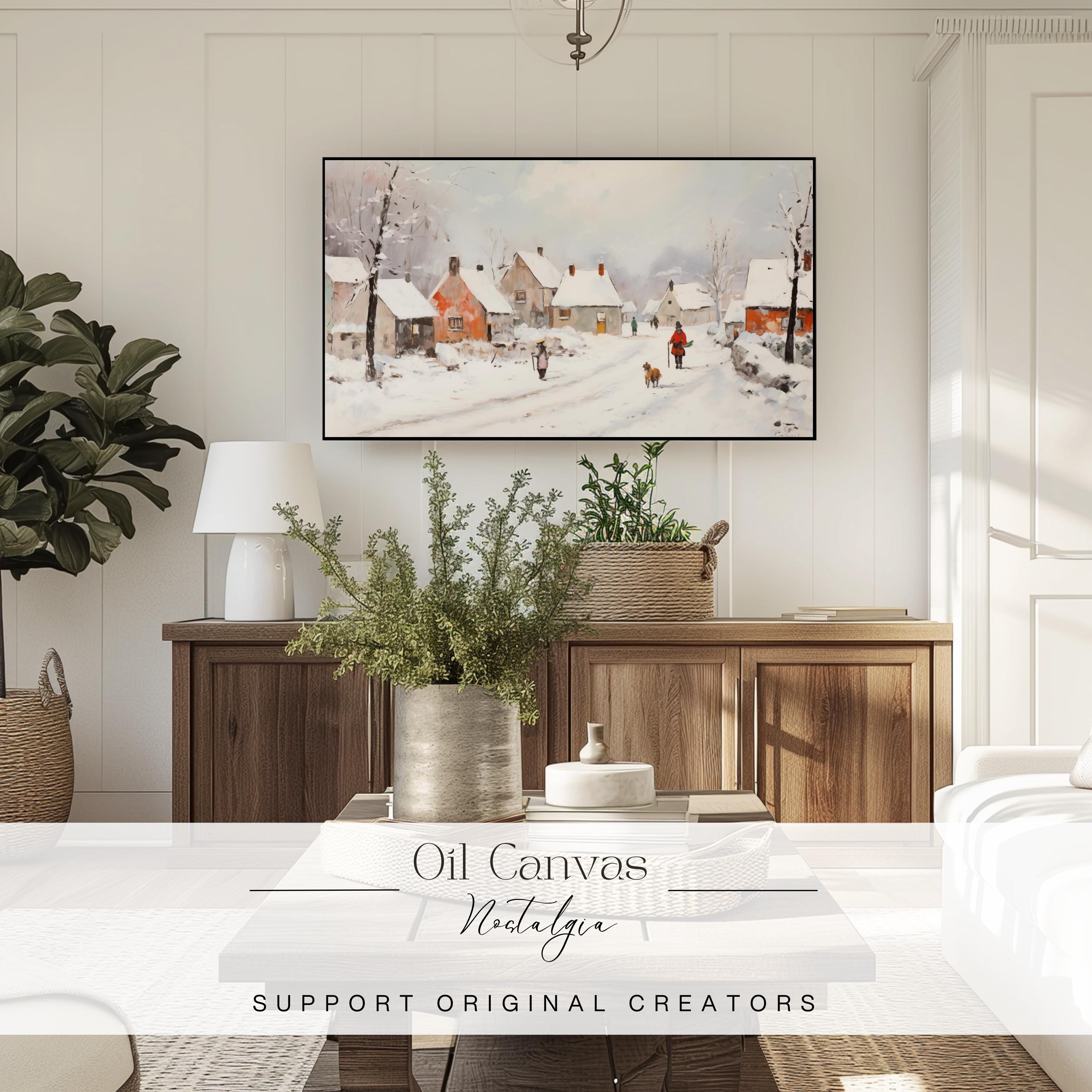 Frame TV Art Winter Village Landscape, Christmas Antique Oil Painting ...