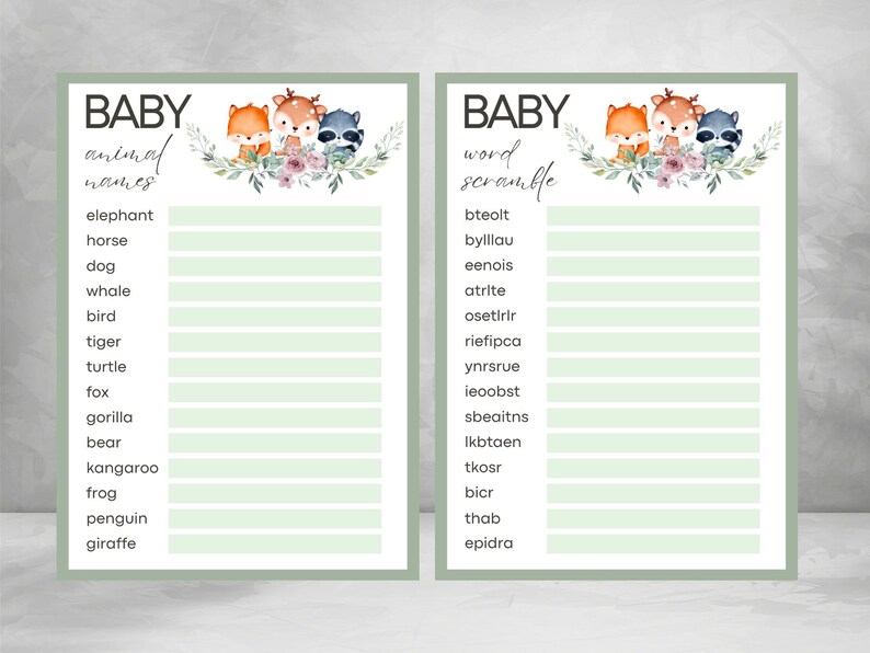 Printable Woodland Creatures Baby Shower Games Bundle, Instant PDF ...