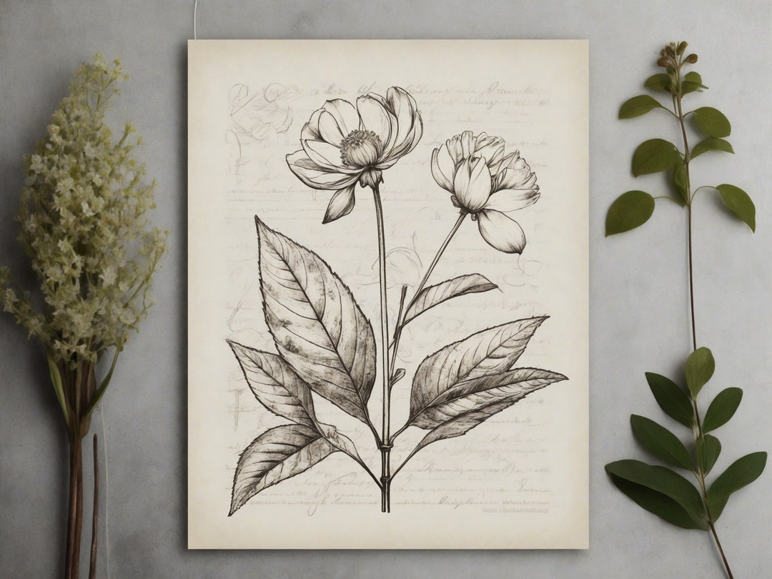 Botanical Sketch Art Print - Vintage Floral Illustration, B&W Rustic ...