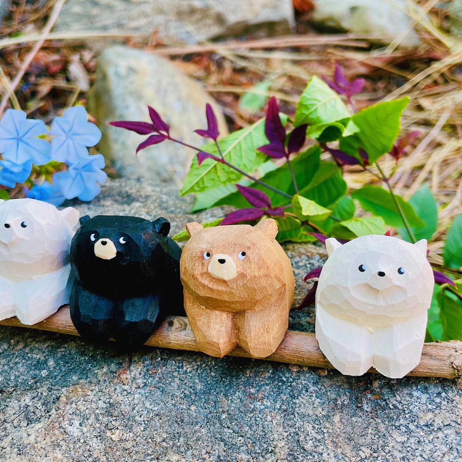Set of 3 Super Cute Handcrafted Mini Basswood Bear Figurines, Lying ...