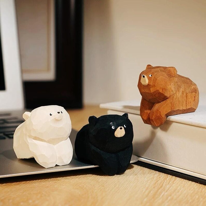 Set of 3 Super Cute Handcrafted Mini Basswood Bear Figurines, Lying ...