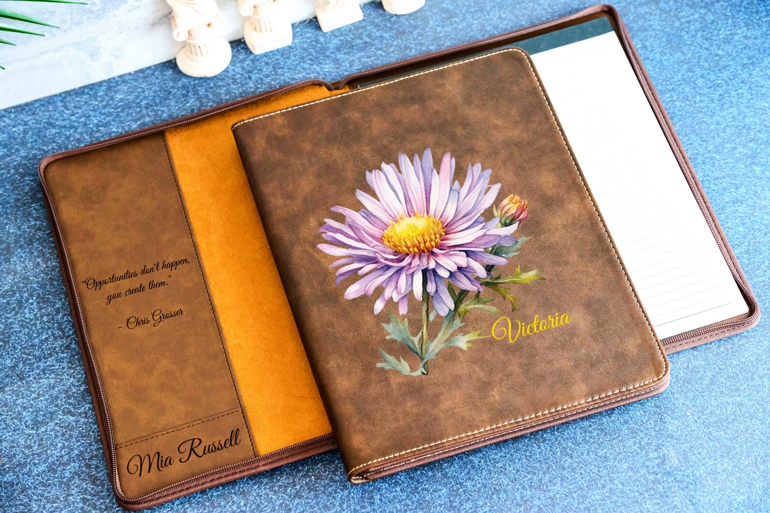 Birth Flower Leather Portfolio, Personalized Refillable Portfolio ...