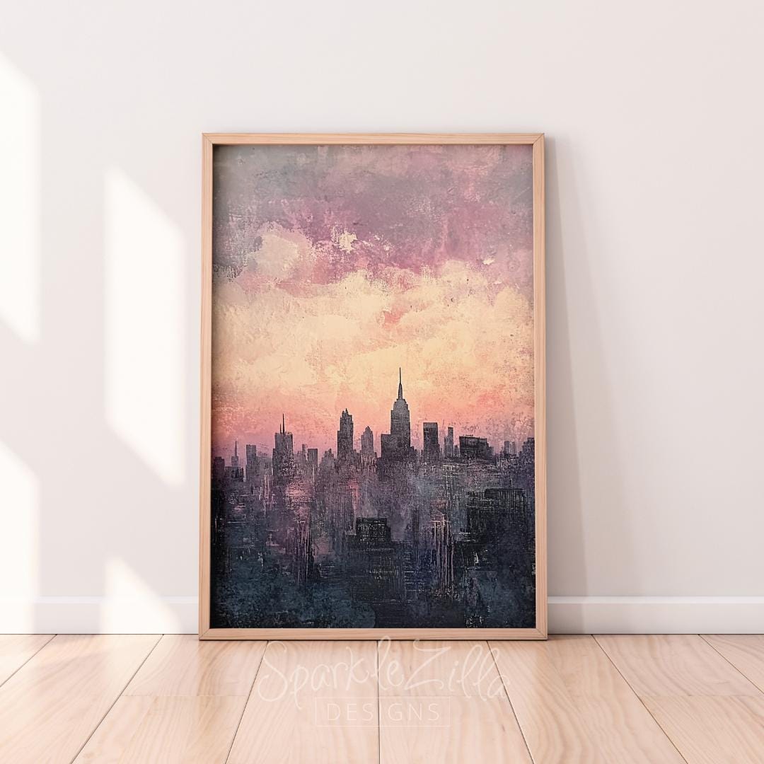 NYC Skyline Abstract Art Print: Dawn Impressionism, Pink Home Decor ...