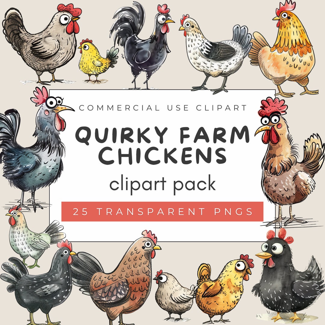 25 PNG Watercolor Quirky Farm Animal Clipart | Quirky Chicken Clipart ...